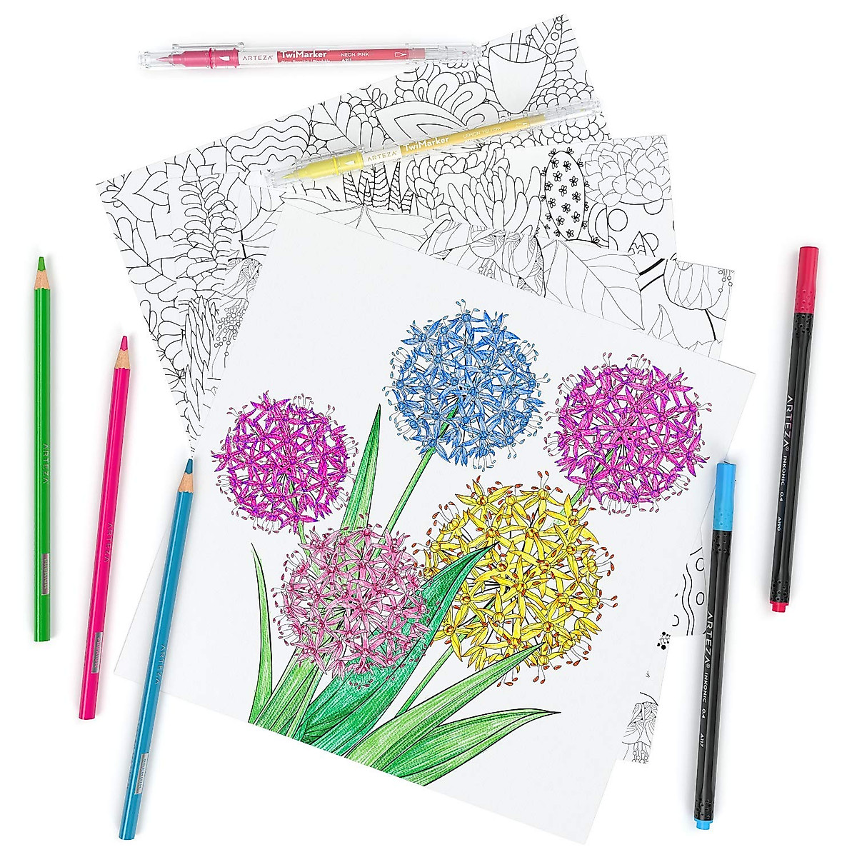 ARTEZA Adult Coloring Book, Floral Designs, 9x9 Inches, Stress-Relieving Coloring Pages with 50 One-Sided Images, 100 lb Paper