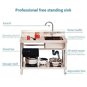 QQXX 304 Stainless Steel Commercial Sink,Free Standing Kitchen Sink Single Bowl,Utility Sink Set with Faucet & Drainboard,Washing Hand Basin with Workbench & Storage Shelves Indoor Outdoor 39inch