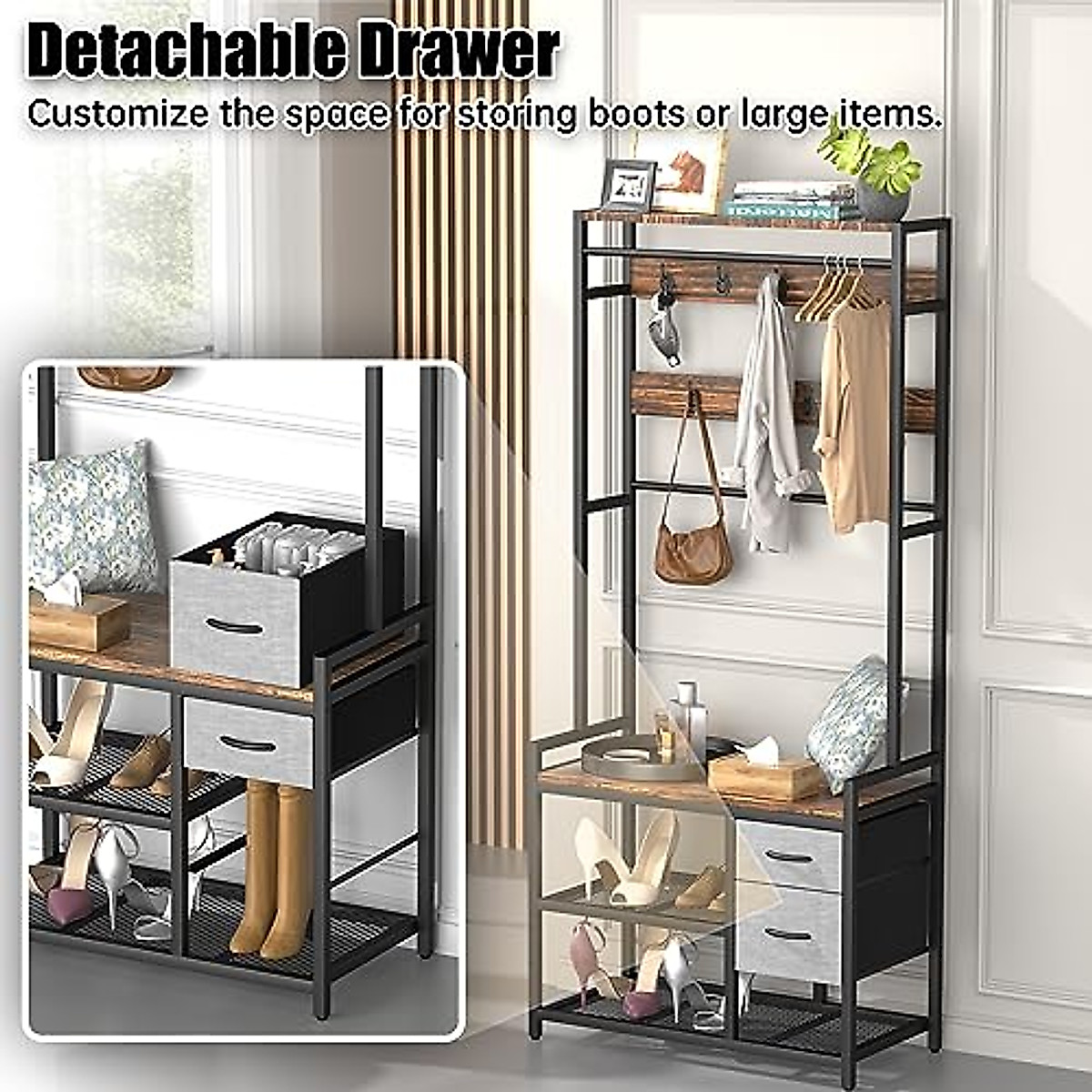 DDJ Hall Tree with Bench and Shoe Storage, Entryway Bench with Coat Rack with Shoe Storage, 7-in-1 Entryway Coat Rack with Hooks and Hanging Rod, 11.8 x 33.1 x 70.9 in, Rustic Brown and Black