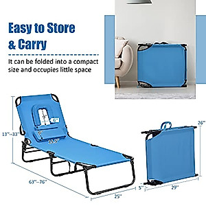 Goplus Folding Chaise Lounge Beach Chair, Face Down Tanning Chair with Face Hole Detachable Pillow, Great for Outside Pool Patio Backyard, 5-Position Adjustable (1, Blue)