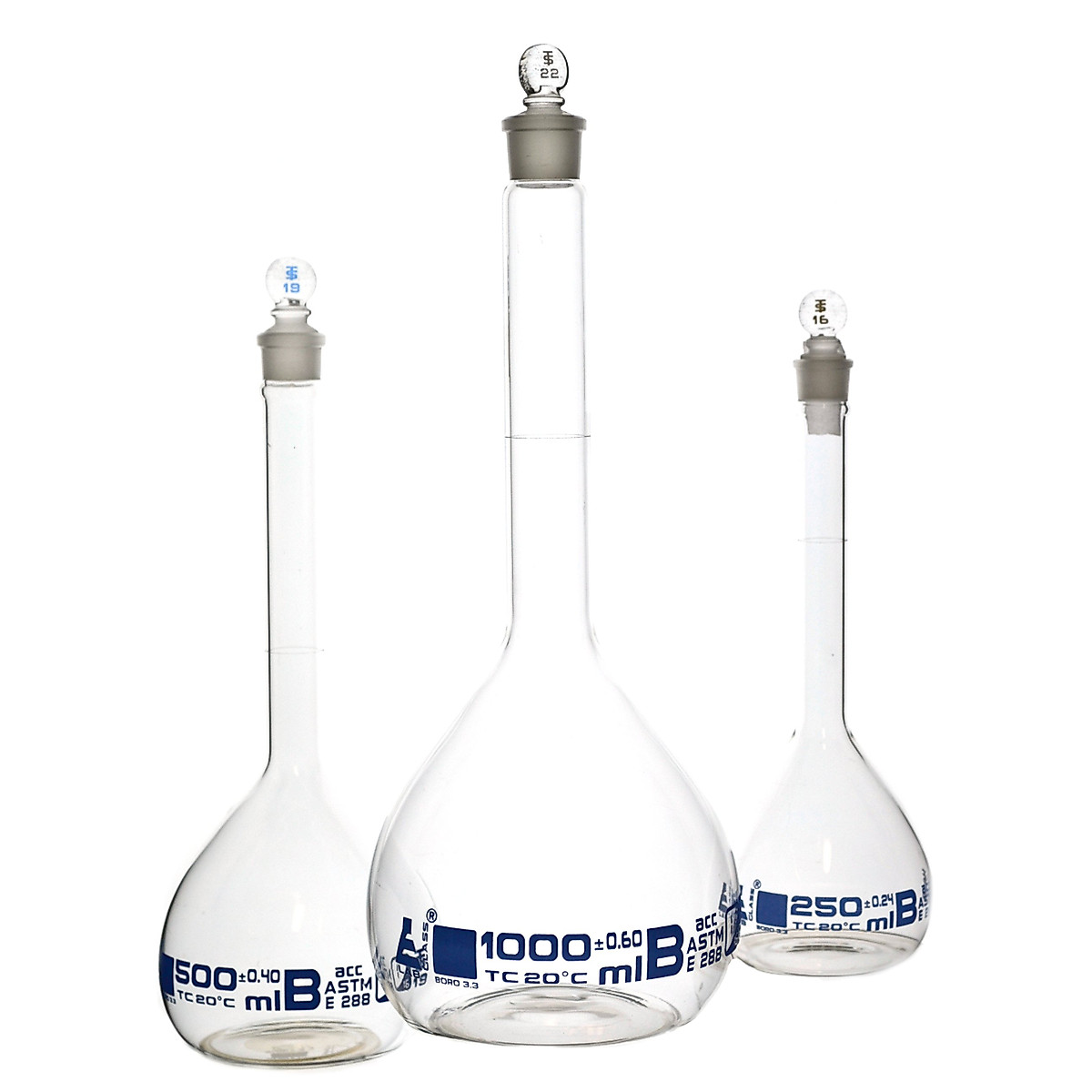 EISCO Volumetric Flask Set, 3 Pieces - Class B, ASTM - 250ml, 500ml & 1000ml - Glass Stopper - Blue Graduation