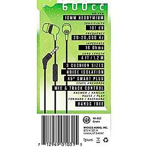 Wicked Audio Drive 600Cc Earbuds with Enhanced Bass, (Green)