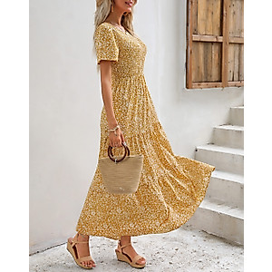 Maggeer Womens 2025 Summer Spring Wedding Guest Long Dresses Boho Maternity Baby Shower Mothers Day Smocked Floral Maxi Dress with Sleeves Mustard XS