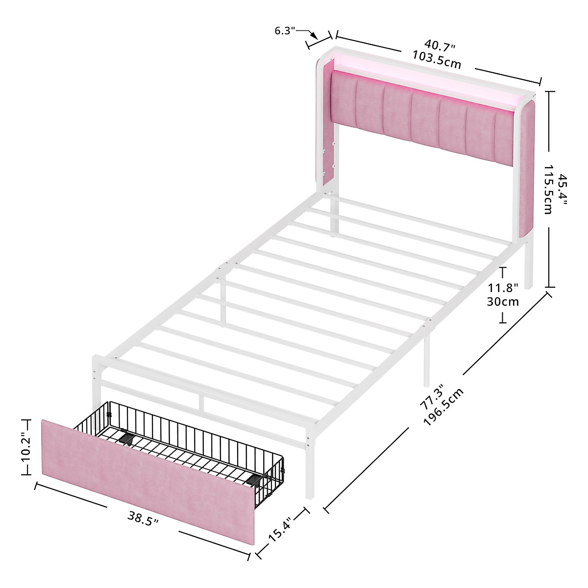 LIKIMIO Twin Size Bed Frame with Armrests Headboard & RGB Light, Upholstered Twin Size Bed Platform with Drawers, No Box Spring Needed, Study & No Noise, Modern Pink