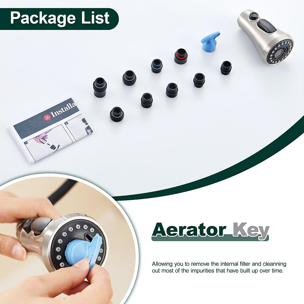 HEISOK Kitchen Faucet Head Replacement, 3-Function Pull Down Faucet Spray Head with 9 Adapters - Replacement Pull-Out Sink Spout Sprayer Nozzle, Brushed Nickel