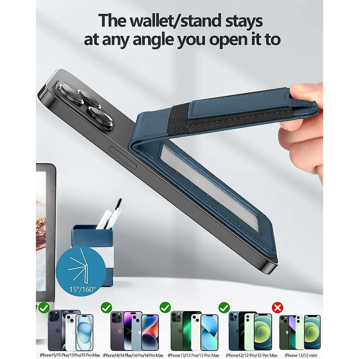 Miroddi for Magsafe Wallet, Stronger Magnetic Phone Wallet with Flexible Adjustable Stand, Leather Phone Wallet for iPhone 15/14/13/12 Series, Magnetic Card Holder 10 Cards, Dark Blue