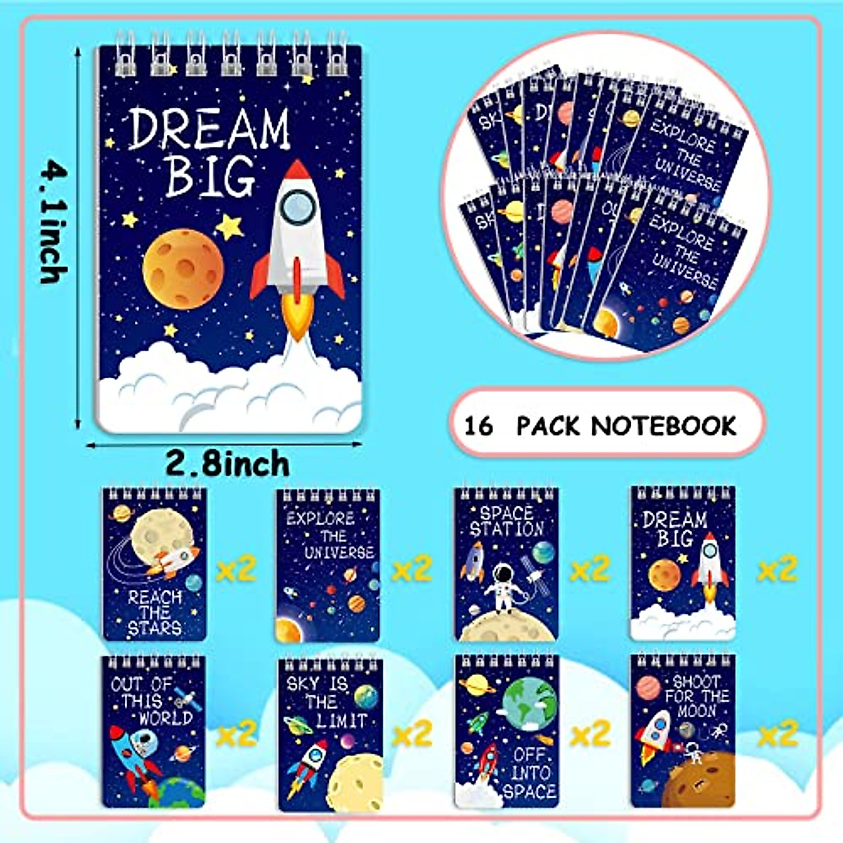 Outer Space Mini Notebook 16 Pack Kids Space Party Favor Galaxy Goodie Bags Solar System Astronaut Science Rocket Planet Small Spiral Pocket Notepads for Boys Girls Space Theme Birthday Party Supplies