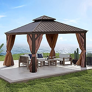 EMKK 12x12FT Hardtop Gazebo, Patic Gazebo Wooden Coated Hardtop Frame Canopy with Galvanized Steel Double Roof, Outdoor Permanent Metal Pavilion with Curtains and Netting for Deck,Garden, Backyard