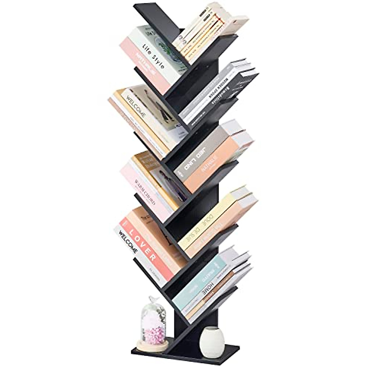Hoctieon 10 Tier Tree Bookshelf, 10 Shelf Bookcase, Free Standing Tree Bookcase, Display Floor Standing Shelf for Books, Book Organizer Shelves for Home Office, Living Room, Bedroom, Black