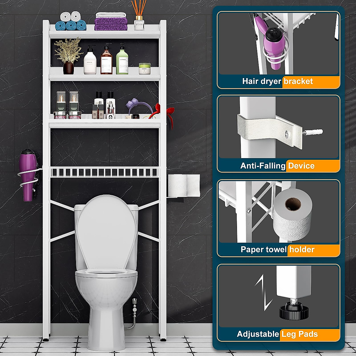 Over The Toilet Storage Cabinet,4 Tier Bathroom Organizer and Storage With Adjustable Shelf Waterproof Feet Pad and Basket Multifunctional Space Saver Freestanding Bathroom Shelves With Dividers White