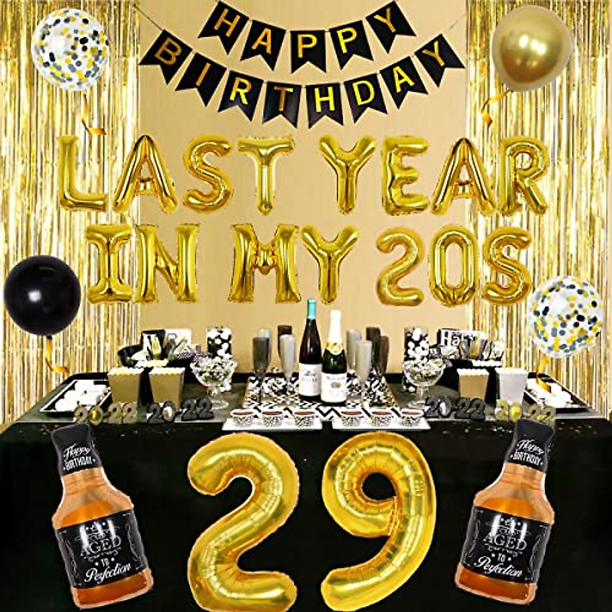 29th Birthday Decorations for Men Women, Gold Last Year In My 20s Banner, Cheers to 29 Years Old Birthday Decor with Whiskey Balloon, Number 29 Foil Balloons, Happy Birthday Sash
