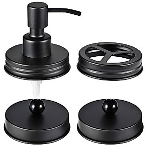 Komashr Mason Jar Bathroom Accessories Lids Set(4pcs) - Jars Not Included - Soap Dispenser,Toothbrush Holder, Apothecary Jars Lids for Regular Mouth Mason Jars - Rustproof Stainless Steel，Black