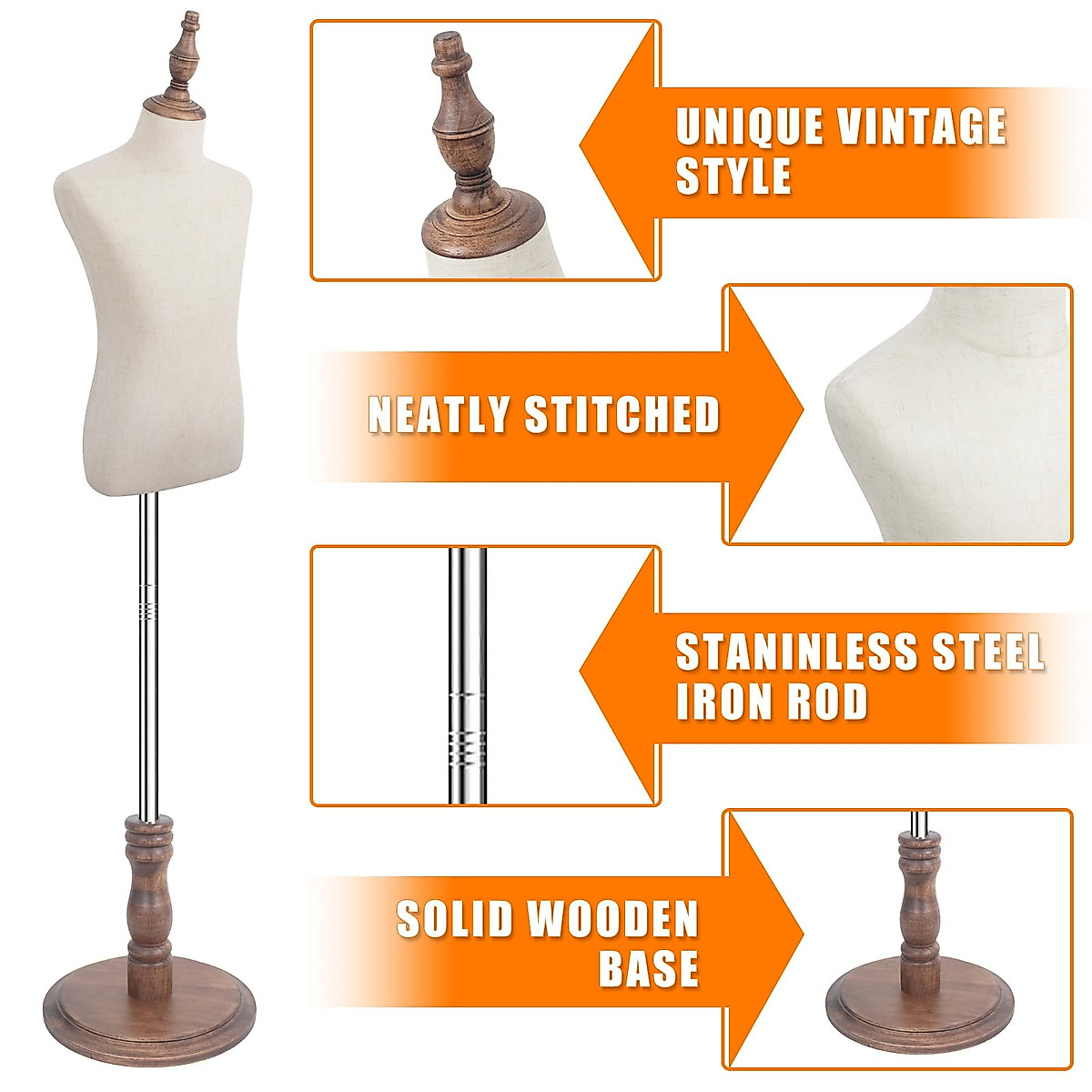 Kid Dress Form, Mannequin Child Display Body Bust Forms Maniki Little Boy Girl, 8-9 Years Old, Brown