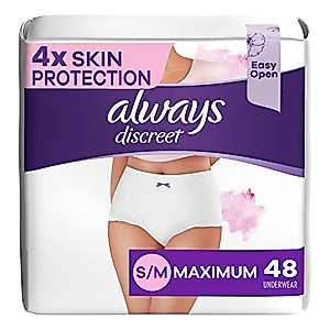 Always Discreet, Incontinence & Postpartum Underwear for Women, for Sensitive Skin, Size S/M, Maximum Plus Absorbency, Fragrance-Free, Disposable, 48 Count