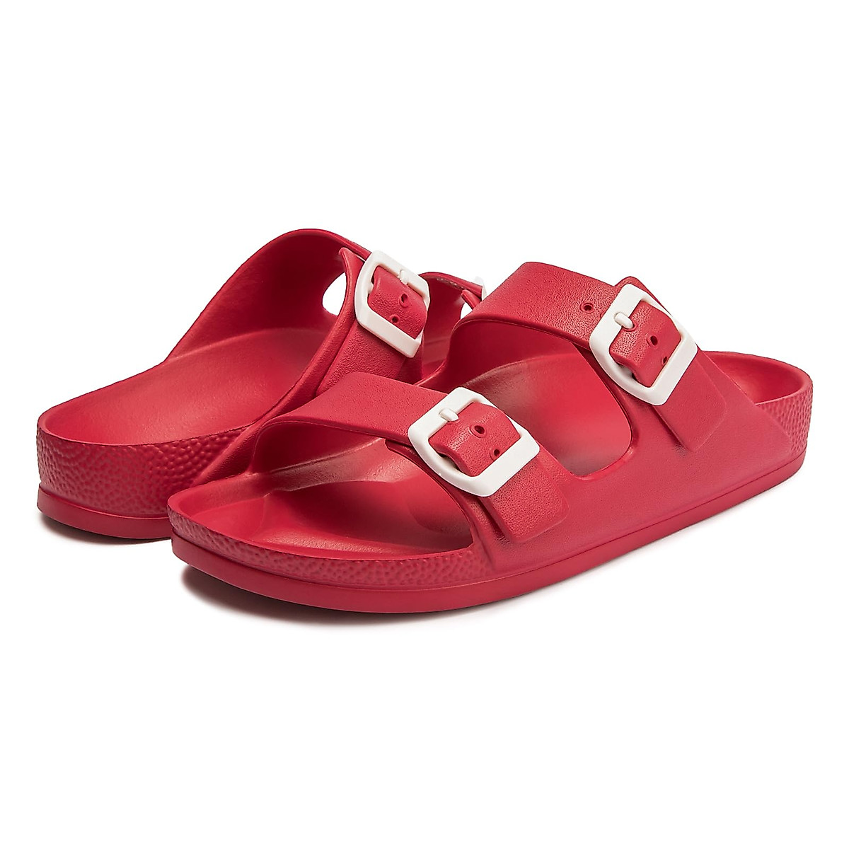 FUNKYMONKEY Women's Comfort Slides Double Buckle Adjustable EVA Flat Sandals (6 M US-Women, Red)