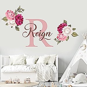 waldo Name and Initial Peonies Wall Decal - Kids Wall Decor - WM131. Custom Name Removable Nursery Wall Decal for Girl - Flower Mural Wall Decal for Girls Bedroom