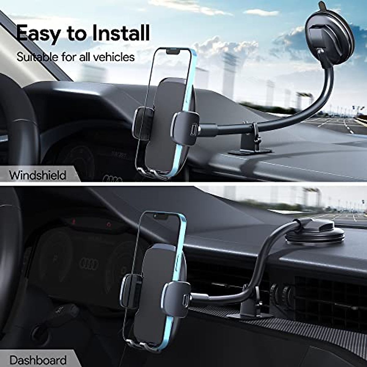 TICILFO Car Phone Holder Mount [Flexible Gooseneck Long Arm] Phone Mount for Car Holder Dashboard Windshield [Washable Strong Suction Cup] Cell Phone Holder Car Mount (Black) (Black)