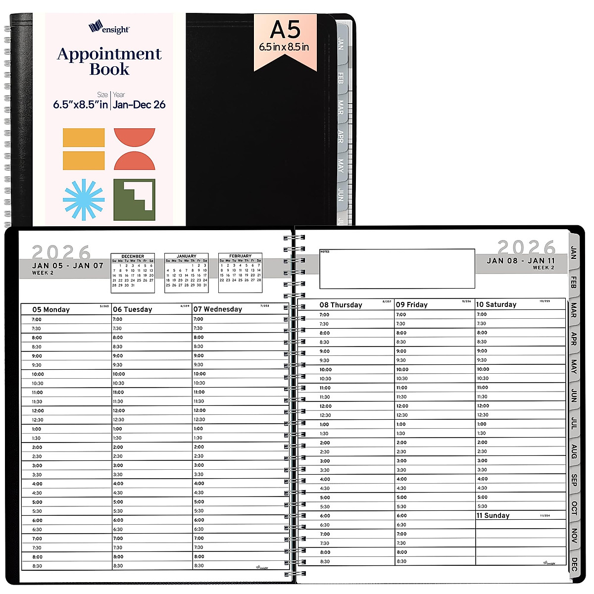 2023 Ensight Tabbed Appointment Book & Planner (8.5 x 11) inches, Daily Hourly Weekly Planner, Calendar and Schedule Book 15-Minute time Slots, Durable Twin-Wire Fastening, Business and Personal (2023 Black New Edition)