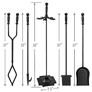 WBHome Fireplace Tools Set 5 Pieces Wrought Iron Fireset Fire Pit Poker Wood Stove Log Tongs Holder Fireplace Tool Set With Pedestal Place, 32 Inch (Black All)