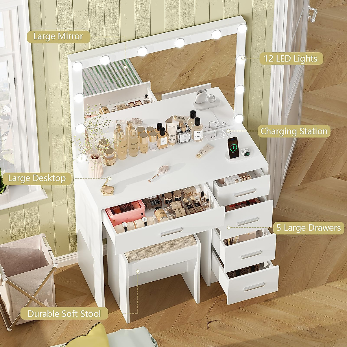 usikey Makeup Vanity with 12 Lights, Vanity Desk with Power Outlet, Makeup Vanity Table with 5 Drawers, Large Mirror, Dressing Vanity Table with Stool for Bedroom, Bathroom, White