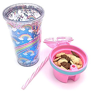 Snack and Drink Cup, Rainbow Theme, Kid's Combo All-in-One Tumbler for On-The-Go, Bonus Sheet of Fun Unicorn and Caticorn Stickers, Straw Included, Pink