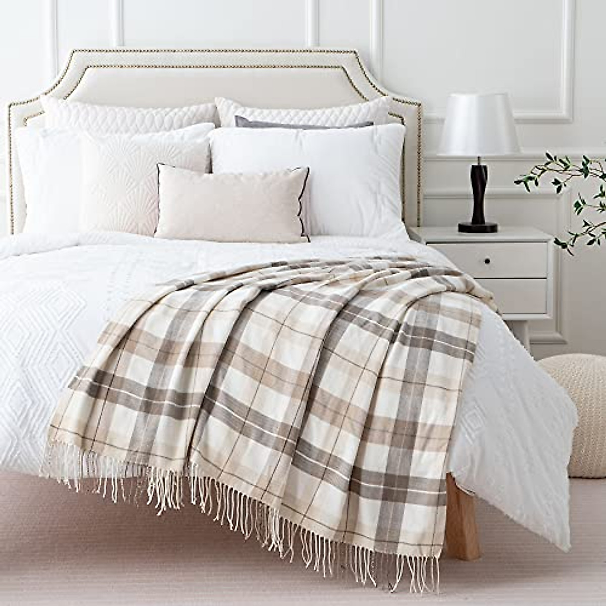 BATTILO HOME Buffalo Plaid Throw Blanket for Couch, Farmhouse Checkered Decor Throw, Lightweight Beige Throw Blankets for Chair Bed Sofa, 50"x60"