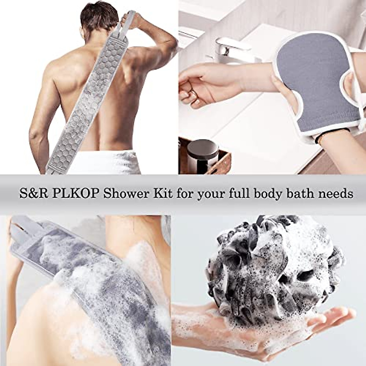 S&R PLKOP Exfoliating Body Scrubber Set - Includes Back Scrubber, Bath Glove and Shower Bath Sponge Loofah - for Women and Men Shower - Deep Clean and Vitalize Your Skin - 3-Pack(36.5*3.7 Inch, Grey)