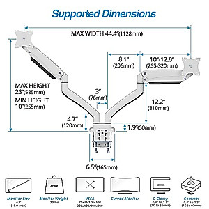 AVLT Dual 13"-43" Monitor Arm Desk Mount fits Two Flat/Curved Monitor Full Motion Height Swivel Tilt Rotation Adjustable Monitor Arm - White/VESA/C-Clamp/Grommet/Cable Management