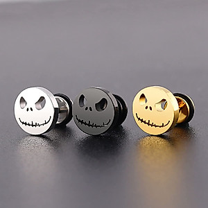 Stainless Steel Black/Silver Jack Skellington Cut-Out Round Circle Button Stud Post Earrings（10mm） ER72 (Gold)