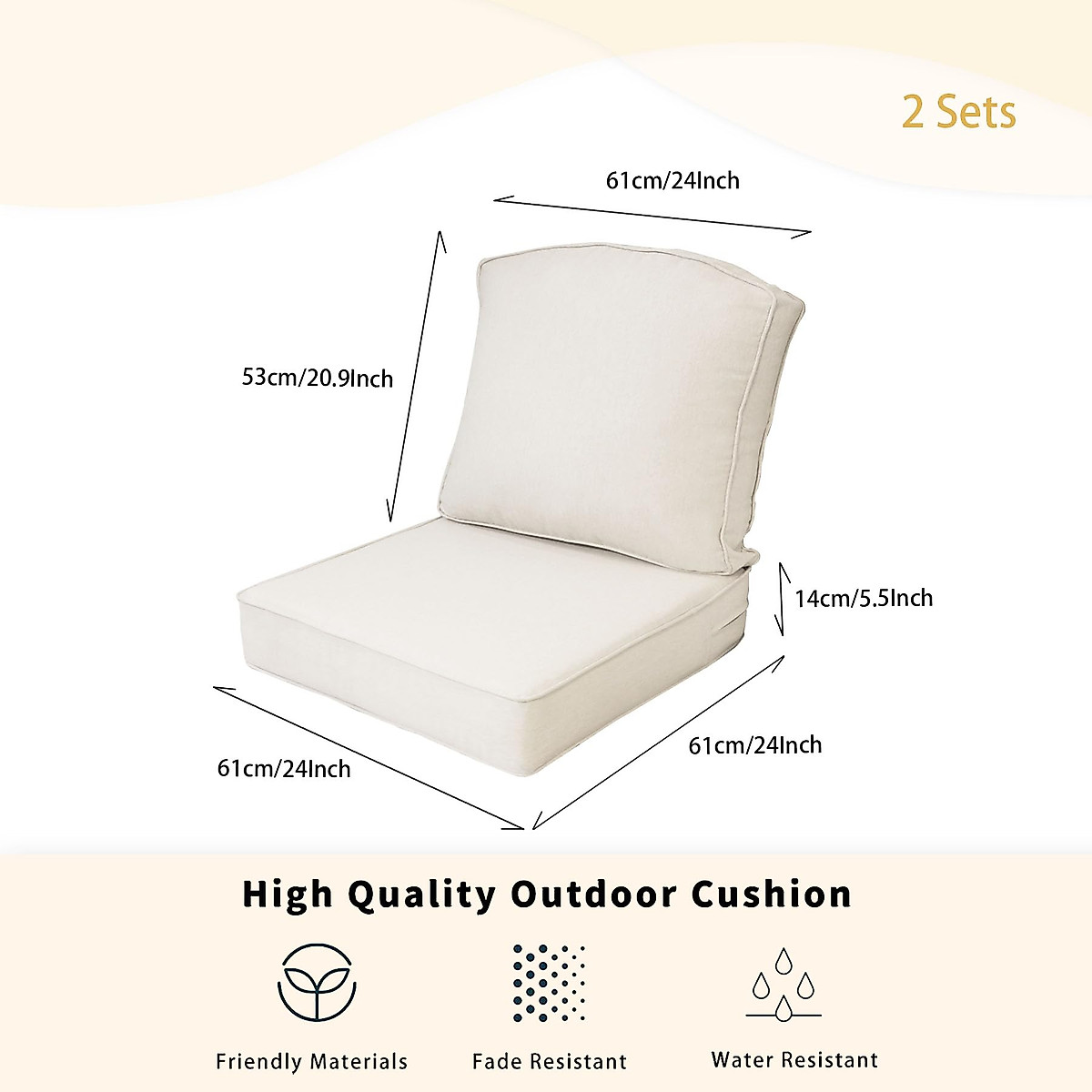 SunshineOutdoor in/Outdoor Almond Deep Seat Cushion 24x24x5.5 inch:with Removable Cover Deep Seat & Back Cushion for with Most Patio Furniture at homedepot(2 Set)