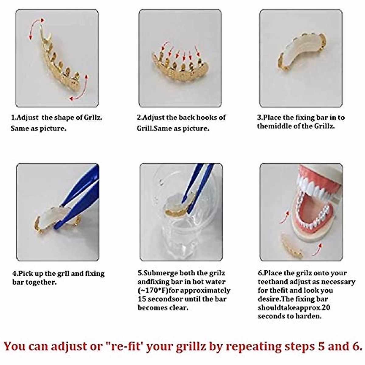 18k Gold Plated Grillz Vampire Dracula Teeth Grillz 2pc Single Fangs and 6 Bottom Grillz Set