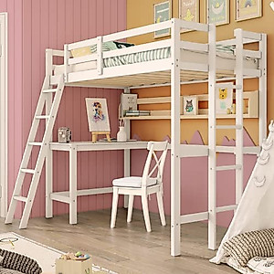 KOMFOTT Twin Loft Bed with Desk, Solid Wood Loft Bed Frame with 2 Ladders, Safety Guardrail for Teenagers and Adults, Space-Saving Loft Bed with Wooden Slats Support, No Box Spring Needed (White)