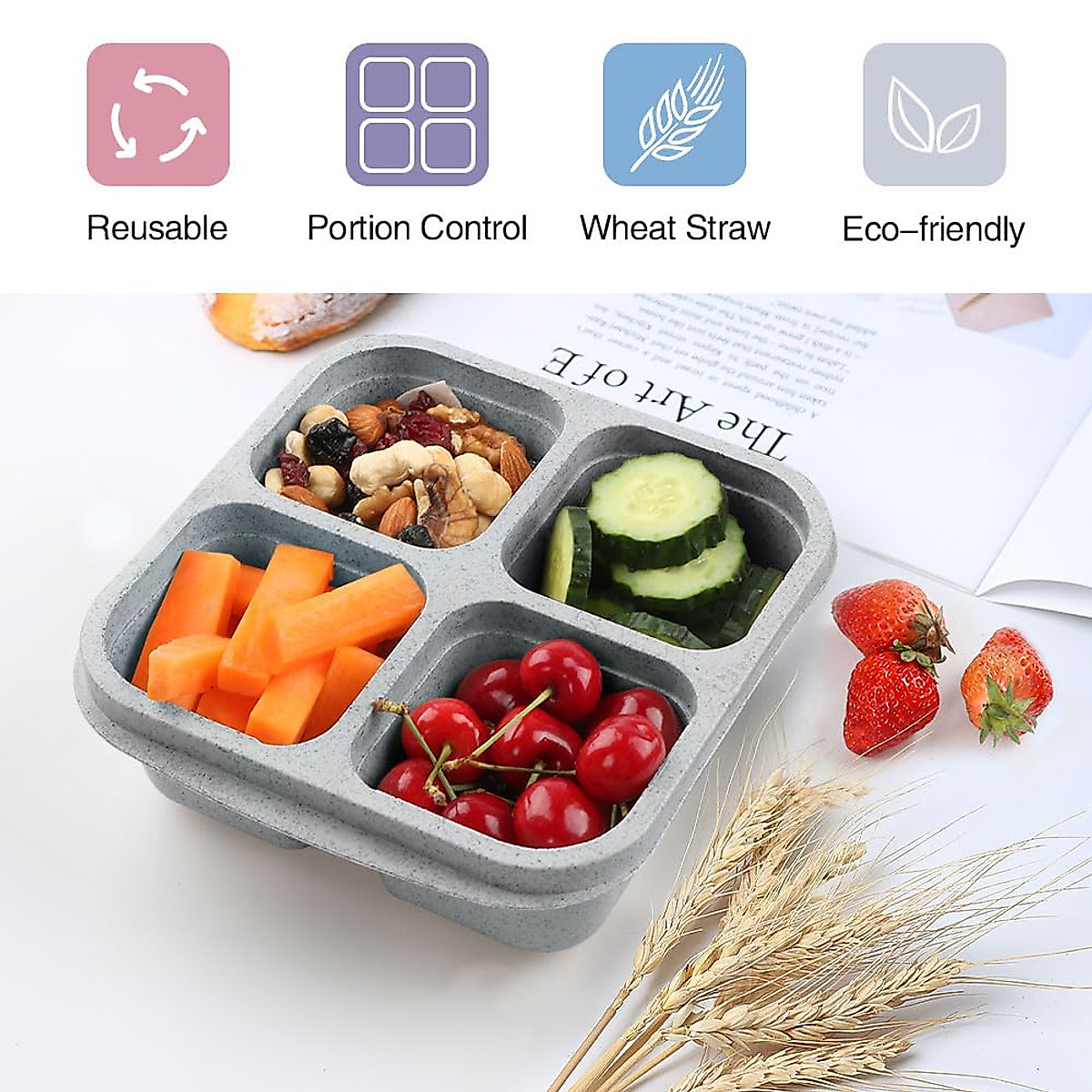 Snack Containers (4 Pack), 4 Compartments Snackle Box Container, Meal Prep Containers Reusable Lunch Containers for Adults, Microwave & Dishwasher Safe, Divided Bento Snack Box for Work, Travel