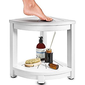 ROHKEX No-Maintenance Corner Shower Stool for Shaving Legs - Heavy-Duty Waterproof Bathroom Bench with Rubber Feet, Storage Shelf - Sustainable & Versatile for Indoor & Outdoor Use