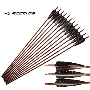 32" Carbon Arrows 400 Spine Wood-Like Arrow with 5" Real Feather Fletchings Removable Field Tips for Archery Target Practice Hunting Compound Recurve Bow Longbow 6 Pack