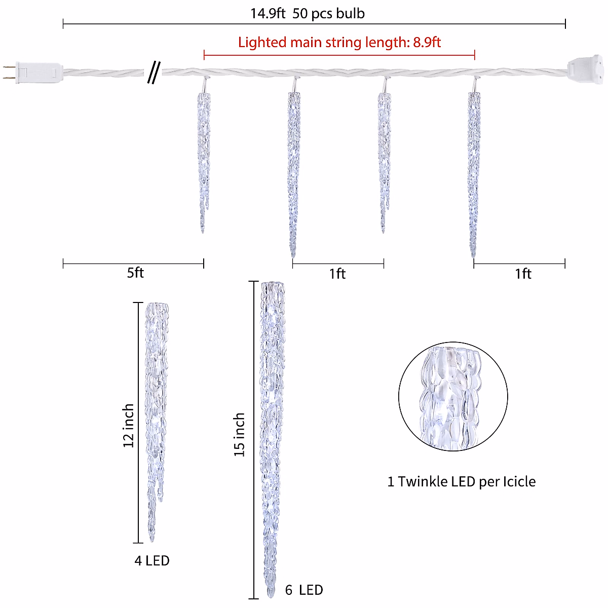 Christmas Icicle Lights with Clips, 10 Tubes 50 LED 15" LED Crystal Ice Falling String Lights, 36 Sets Connectable Waterproof Hanging Christmas Lights Plug in for Winter Roof Holiday Outdoor Decor