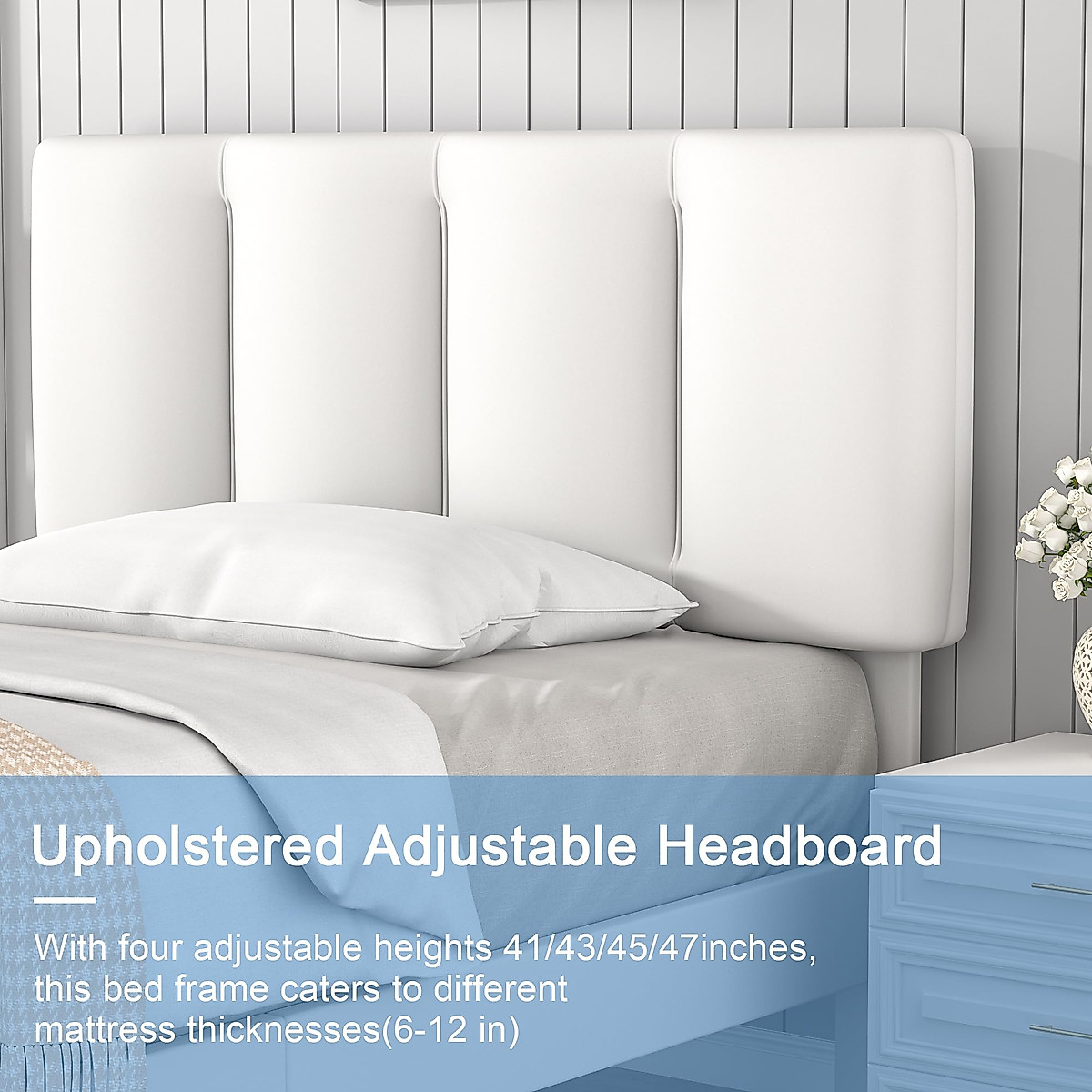 VECELO Twin Bed Frames, Upholstered Platform Bedframe, Adjustable Headboard, Wood Slat Support, No Box Spring Needed, Easy Assembly, White