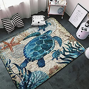 Soft Area Rug for Living Room,Nautical Blue Sea Turtles Beach Theme Ocean---1,Large Floor Carpets Doormat Non Slip Washable Indoor Area Rugs for Bedroom Kids Room 4 x 5.3Ft