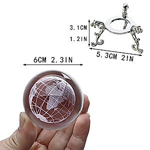 H&D HYALINE & DORA 2.3 inch (60mm) Clear Crystal Glass Ball Paperweight 3D Laser Engraved Earth Globe World Map Ball with Metal Stand Decor