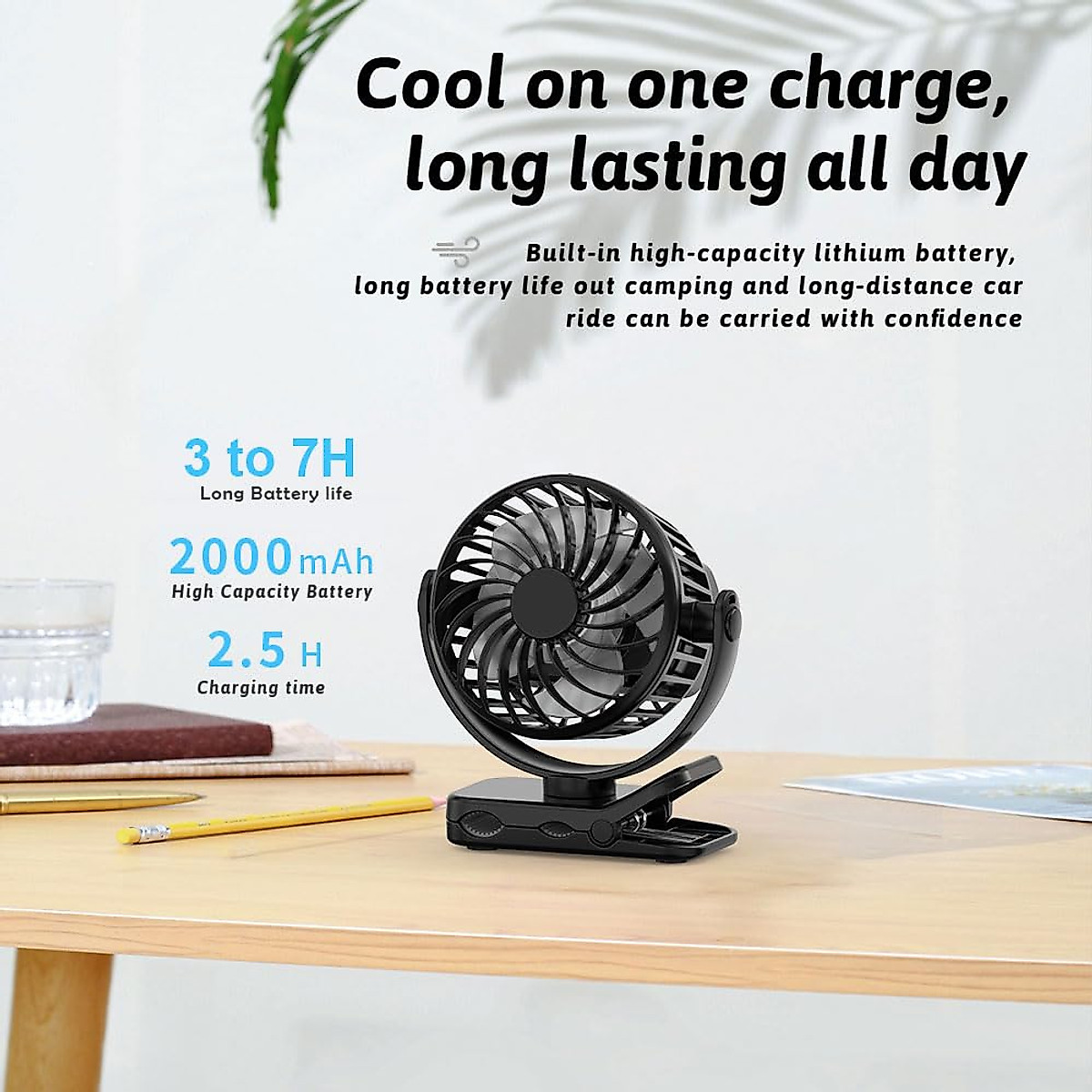 ENCHANTLIVING Portable Mini Clip On Fan,Desk Fan,Neck Fan,2.8 Inch Rechargeable,720 degree Rotate,3 Speed Quiet Mini Clip Fan,Small Clip on Fan Ideal For Outdoor Bedroom Office Camping Travel (black)