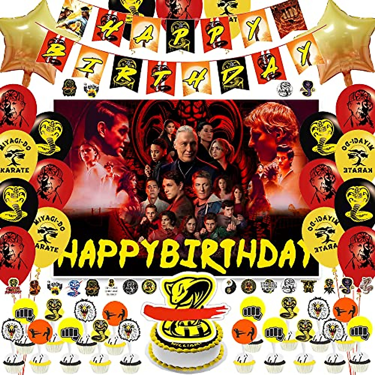 99pcs Cobraa Birthday Decoration Party Supplies Include Banner, Cake Toppers, Cupcake Toppers, Backdrop, Stars Foil Balloons, Stickers, Latex Balloons,for Kids Birthday Party