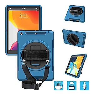 iPad Air (Air 1) Case Heavy Duty 9.7 with Screen Protector - Hand Strap,Shoulder Strap, Hardback, 360 Rotatable Kickstand, Shockproof - A1474 A1475 MD785LL/A (Blue)