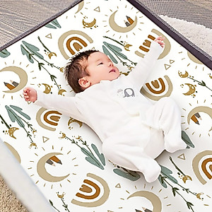 GRSSDER Stretchy Pack and Play Sheets, Ultra Soft Jersey Knit Fitted Pack n Play Sheets Set 2 Pack, Portable/Mini Cribs Sheets for Girls and Boys, Rainbow Pattern