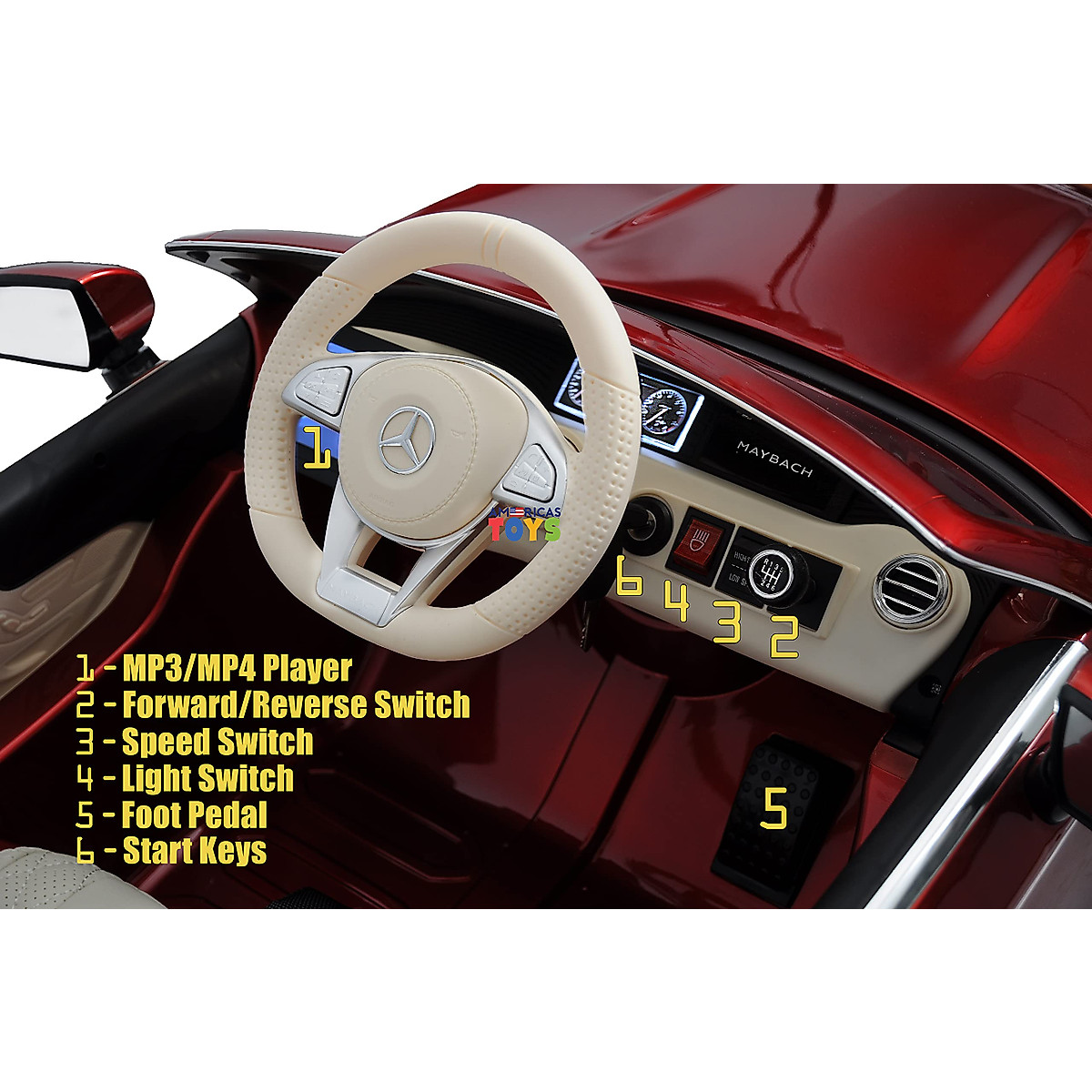 Americas Toys Kids Car with Mp4 Touchscreen, Bluetooth, Remote Control, Leather Beige Seat – Electric Car One Seater with Open Doors, 5 points Safety Belt, Compatible with Mercedes Maybach Painted Red
