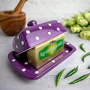 Handmade Ceramic European Covered Butter Dish With Lid | Unique Purple and White Polka Dot Pottery Butter Keeper | Housewarming Gift by City to Cottage®