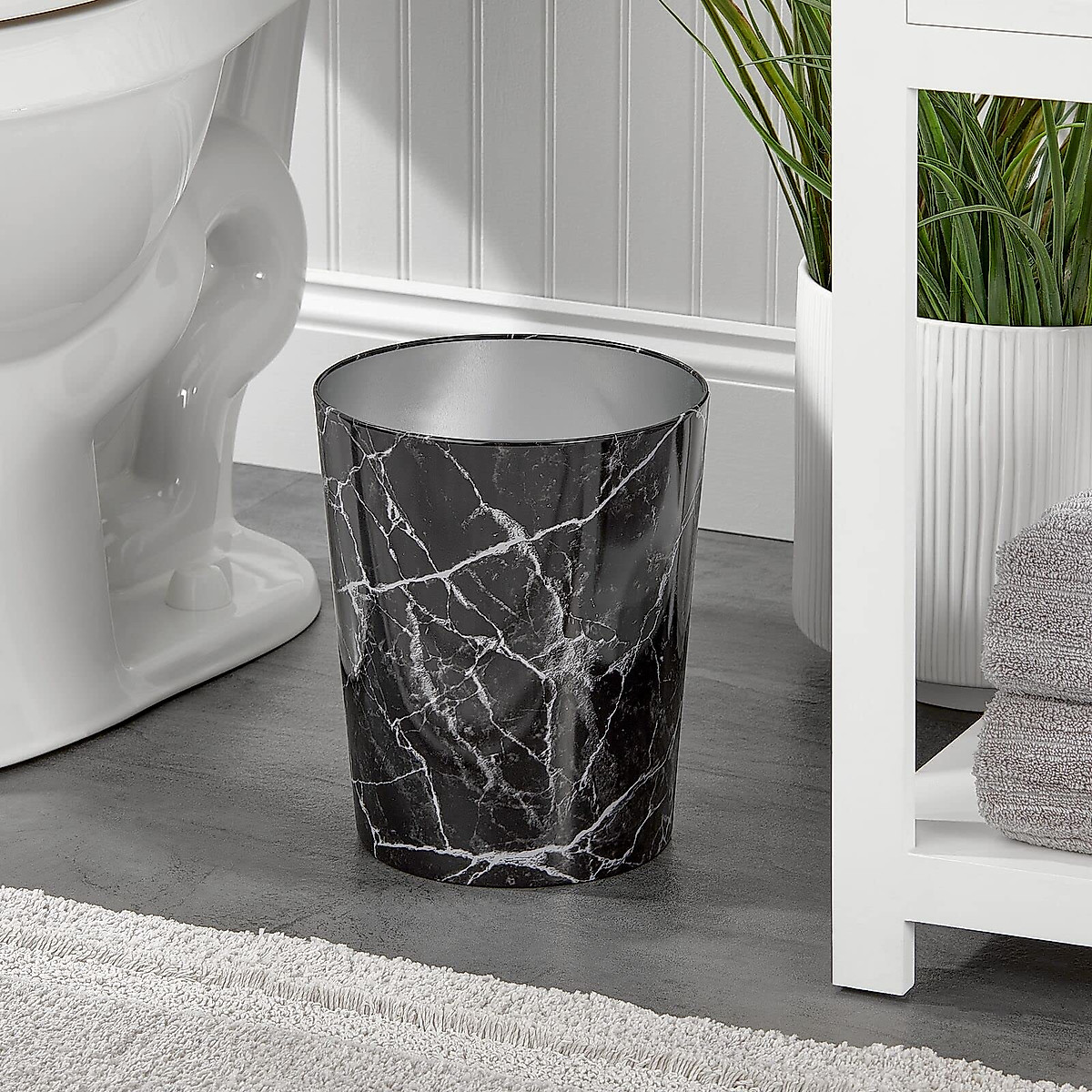 mDesign Round Metal Small 1.7 Gallon Recycle Trash Can Wastebasket, Garbage Container Bin for Bathrooms, Kitchen, Bedroom, Home Office - Durable Stainless Steel - Mirri Collection - Black Marble