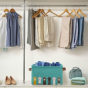 Kigai Foldable Rectangular Storage Baskets - Fabric Shelves Storage Bins with Leather Handles for Organizing Closet Clothes, Toys, Towels, Bedroom, Bathroom, Nursery, Office (Cute Cat Paws,2 PCS)