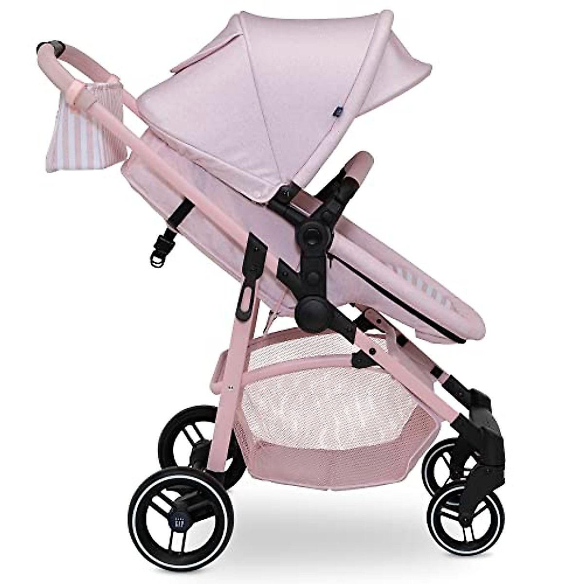 babyGap by Delta Children 2-in-1 Carriage Stroller - Greenguard Gold Certified - Car Seat Compatible, One-Handed Fold, Lightweight & Oversized Canopy - Made with Sustainable Materials, Pink Stripes