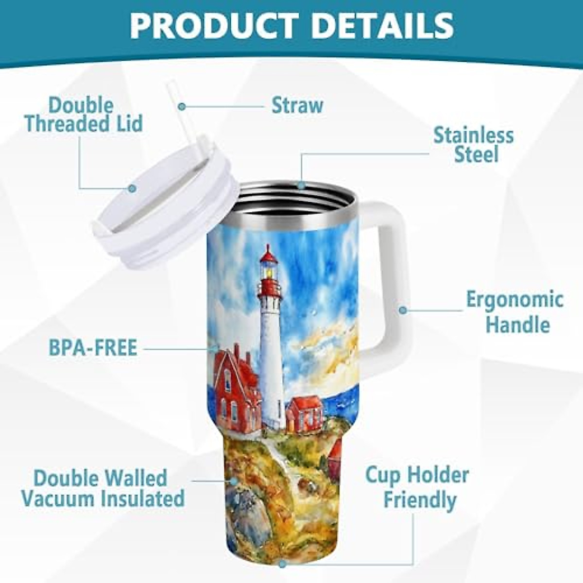 ODAWA Lighthouse Coffee Tumbler Reusable Insulated Water Bottle with Handle Travel Mug