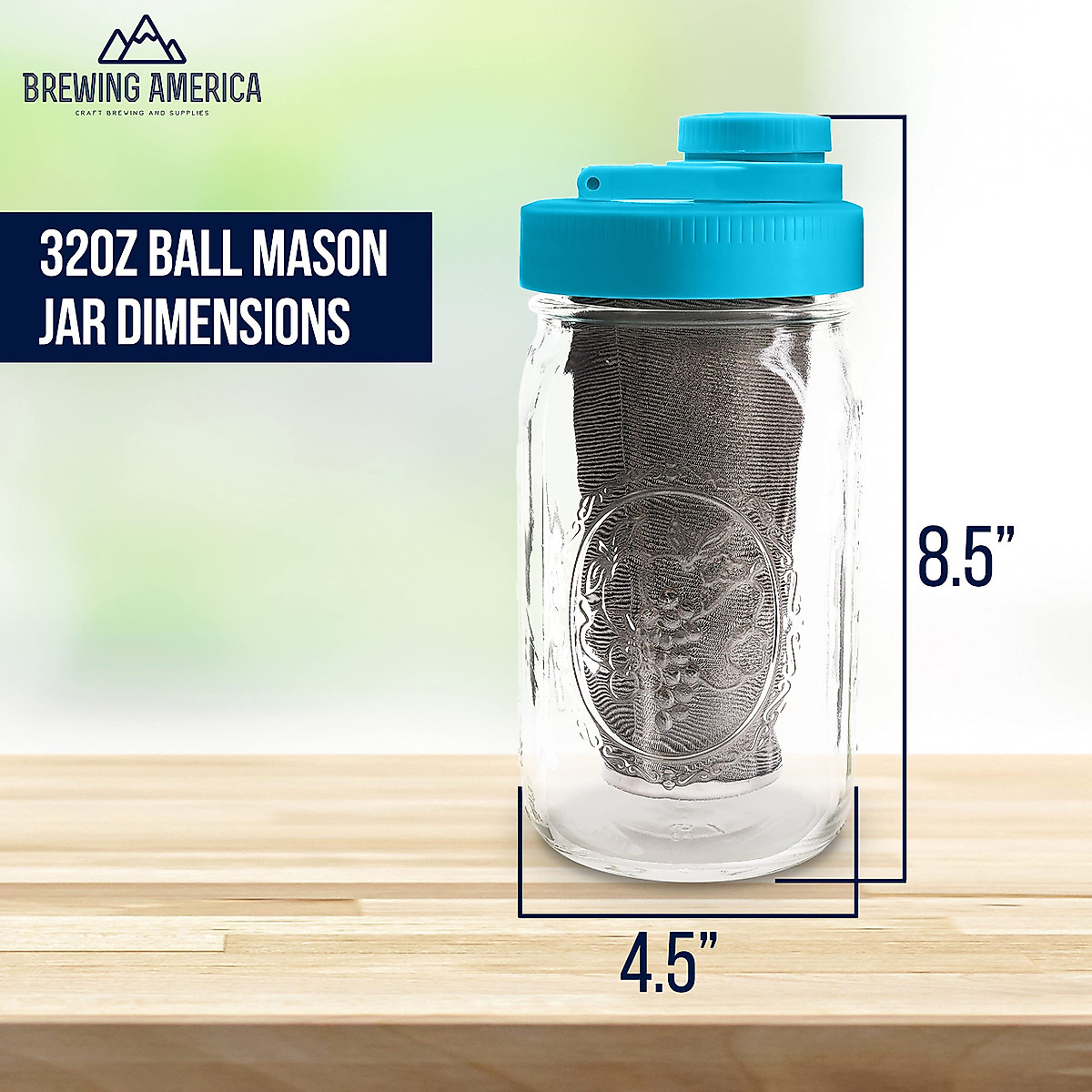 Brewing America Mason Jar Cold Brew Coffee Maker Infuser: Made in USA Wide Mouth Mason Jar with Screw Top Pour Lid, Stainless Steel Filter for Delicious Coffee, Tea, Alcohol - 1 Quart 32 oz Teal Lid